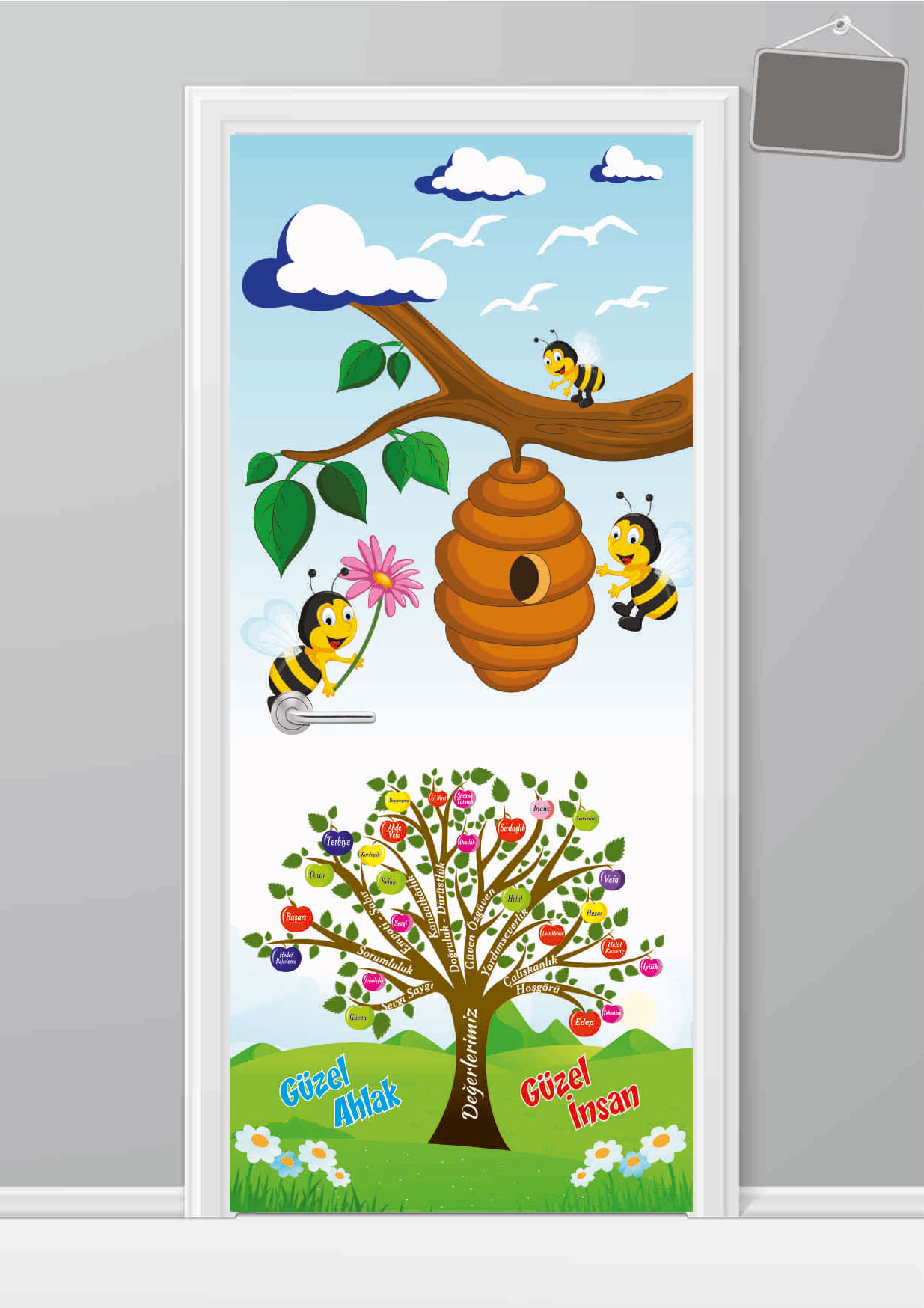 İlkokul Kapı Giydirme Yüzey Giydirme Duvar Giydirme DEĞERLER AĞAÇ ARI ...